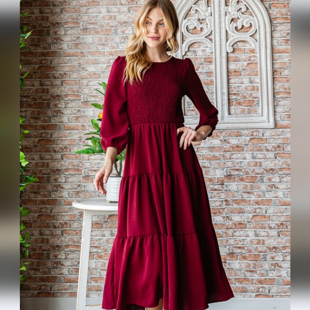 Smocked Tiered Midi Dress - Gem